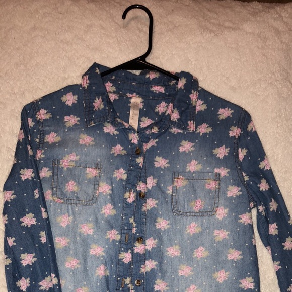 Tops | Denim Rose Button Up | Poshmark